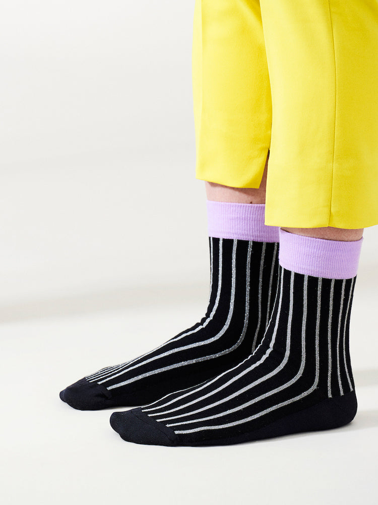 Cotton compression crew socks, black and purple with silver stripes ...