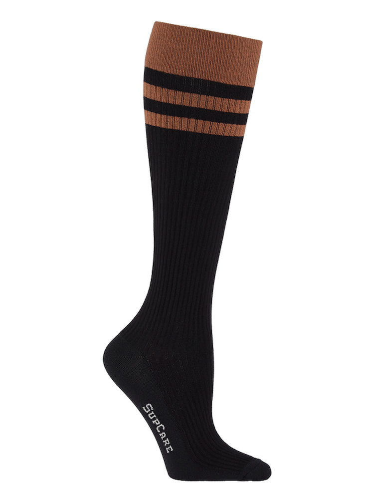 Bamboo compression stockings, black rib weave with rust red stripes ...